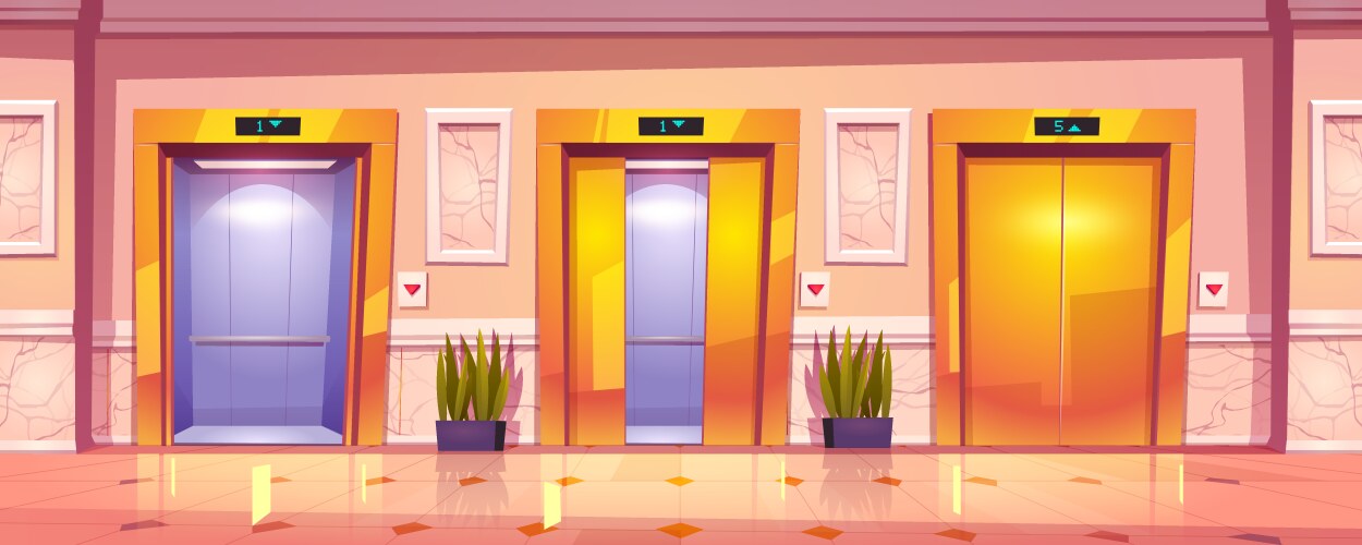 Cartoon luxury hotel floor with golden elevators Vector Image