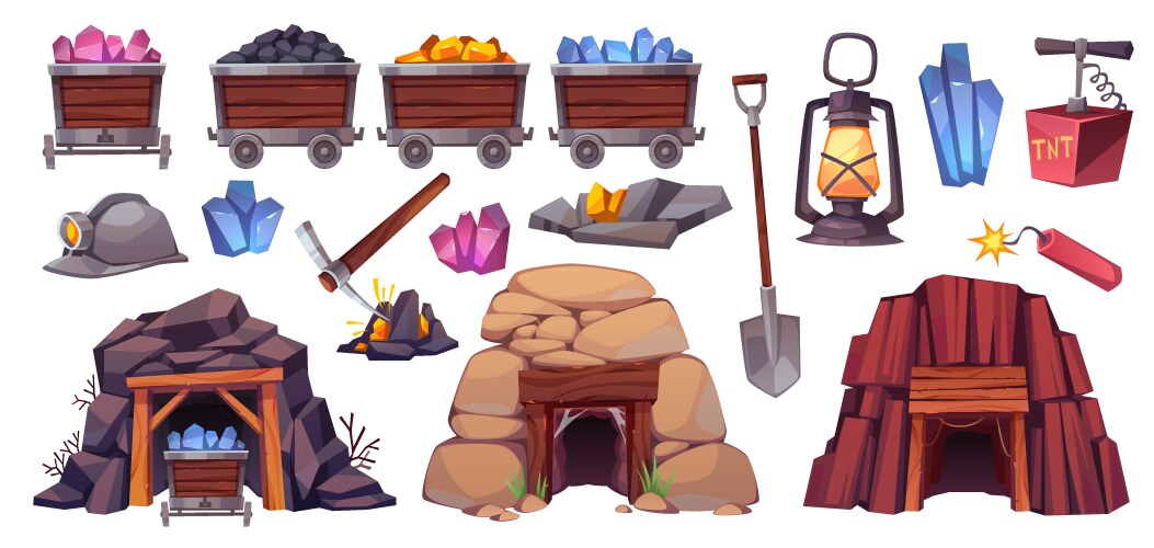 Cartoon mining elements mine cave entrance Vector Image