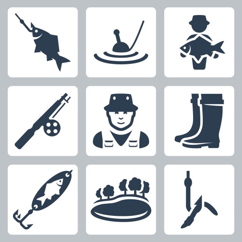 Fishing icon set catching fish sport and hobby Vector Image
