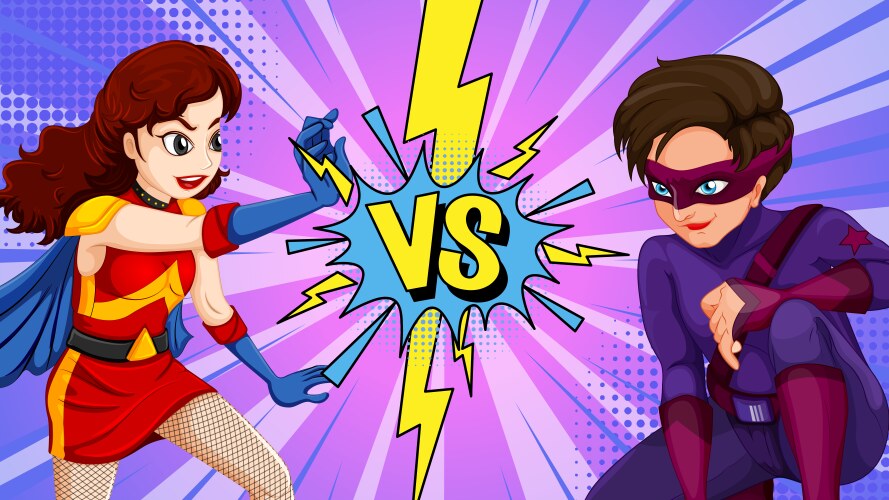 Two superheroes face off in a dynamic scene Vector Image