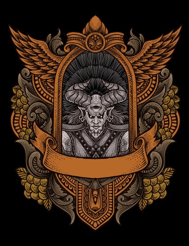 Badass demon with engraving ornament Royalty Free Vector