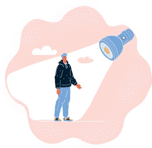 Scared man with flashlight walk in darkness Vector Image