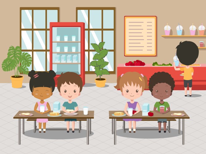 Elementary students eating lunch in cafeteria Vector Image