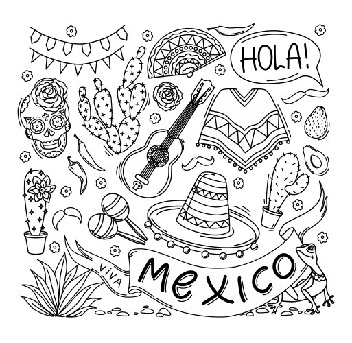 Elements mexican culture in outline style Vector Image