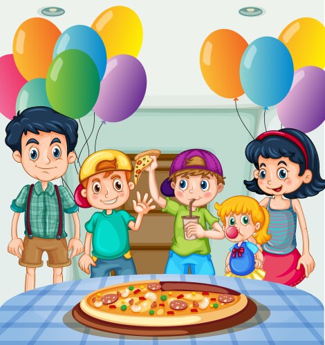 Cartoon kids eating pizza together Royalty Free Vector Image
