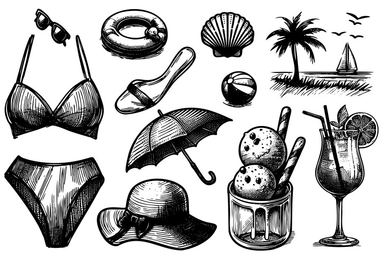 A set drawings beach items including boat Vector Image