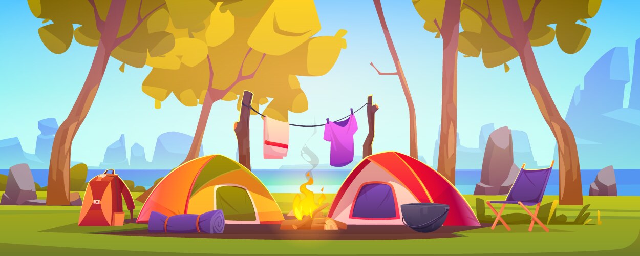 Cartoon campsite with tent and campfire Royalty Free Vector