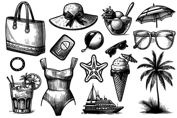 A collection beach-related items including Vector Image