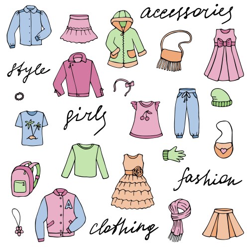 Hand drawn doodle set with woman clothes Vector Image