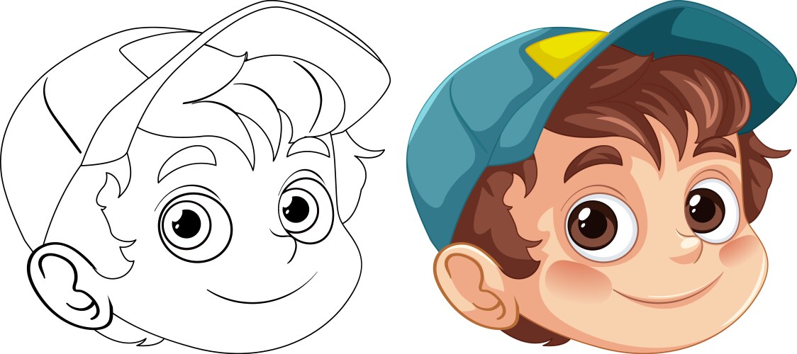 Smiling boy wearing blue overalls and cap Vector Image