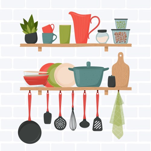 Kitchen shelves with tableware Royalty Free Vector Image