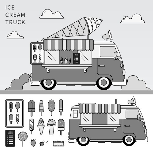 Ice cream truck side view van various Royalty Free Vector