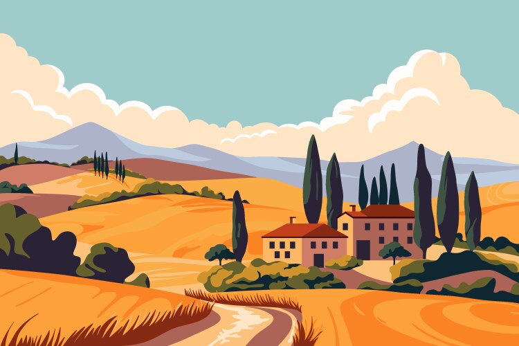 Italian summer fields landscape cartoon Royalty Free Vector