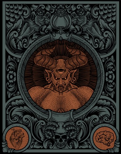 Badass demon with engraving ornament Royalty Free Vector