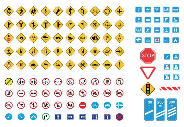 Road signs and symbols set Royalty Free Vector Image