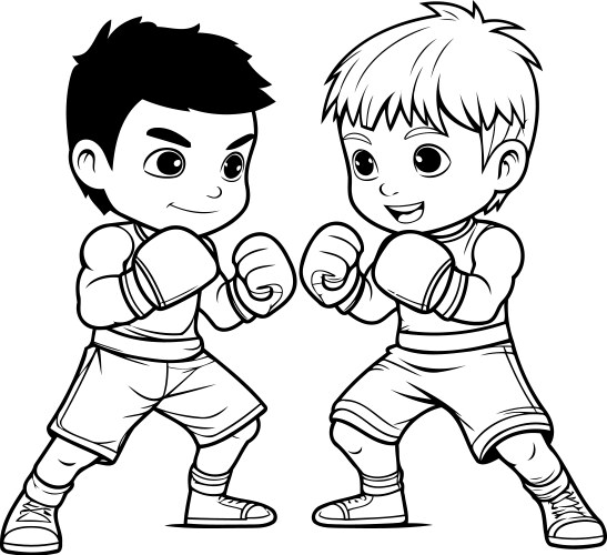 Cartoon kids boxing black and white for coloring Vector Image