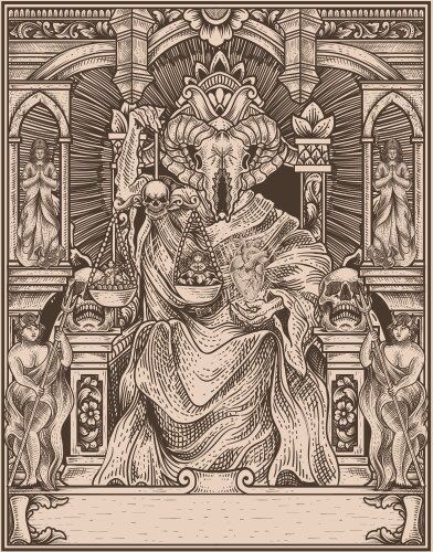 Scary baphomet on engraving ornament frame Vector Image