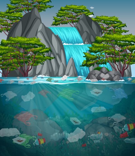 Water pollution with plastic bags in river Vector Image