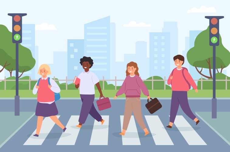 Kids crossing road in city cartoon Royalty Free Vector Image