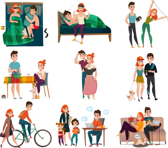 Cartoon girl daily routine activity set Royalty Free Vector