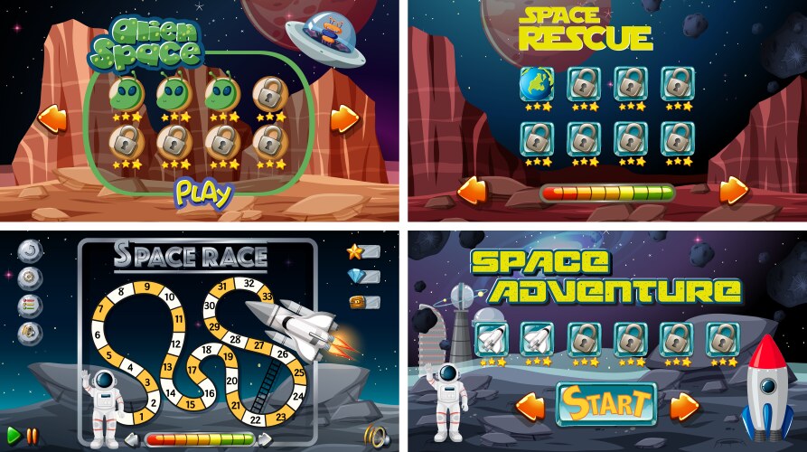 Gui app screens for space adventure game Vector Image
