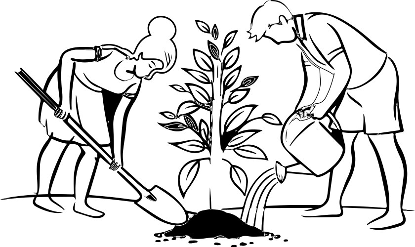 Planting trees for a greener future coloring page Vector Image