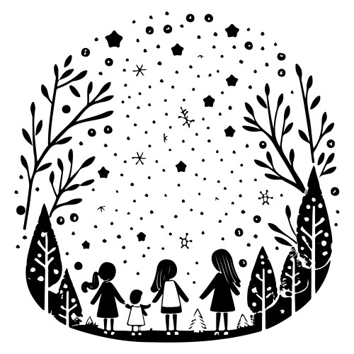 Winter forest watching shooting stars sketch draw Vector Image