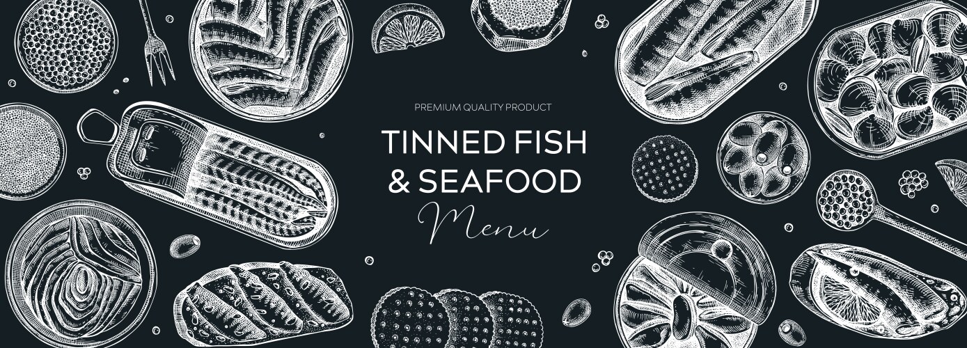 Tinned fish board frame design seafood background Vector Image
