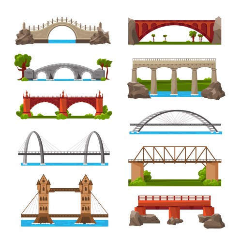 Types of bridges in linear style set Royalty Free Vector