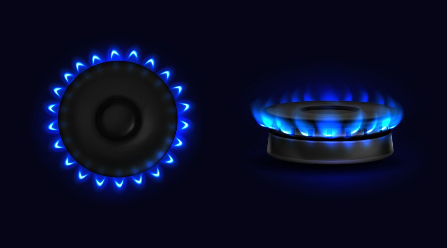 Gas burner with blue burning flame top view Vector Image