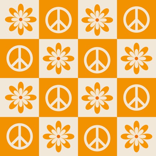 Smiley flowers with peace signs seamless pattern Vector Image