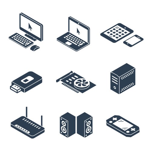 Computer parts isometric set isolated on white Vector Image