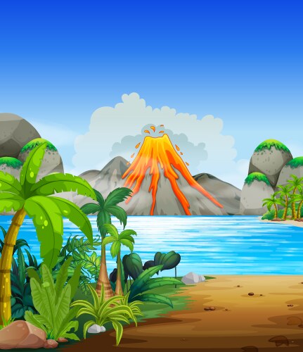 Volcano eruption cartoon background Royalty Free Vector