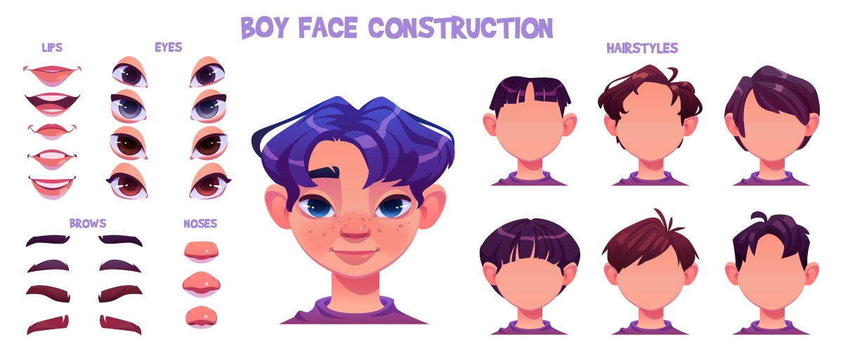 Cartoon boy character face creation set Royalty Free Vector