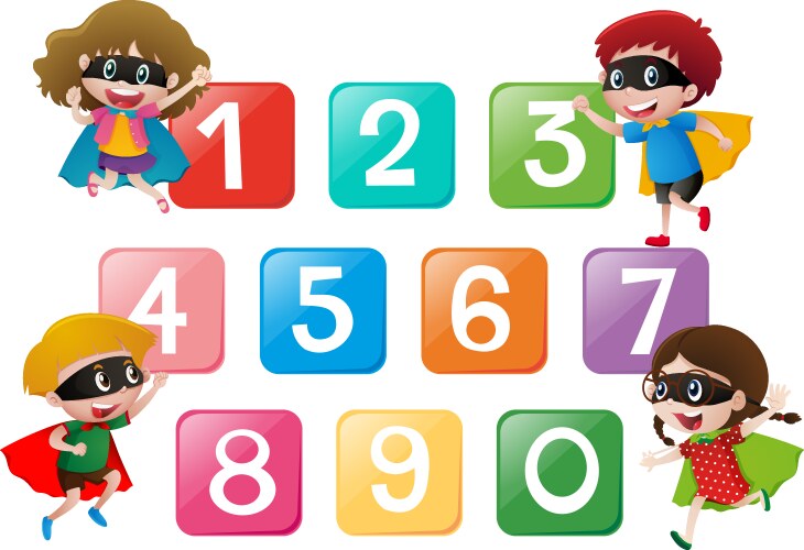 Kids playing with big number four Royalty Free Vector Image