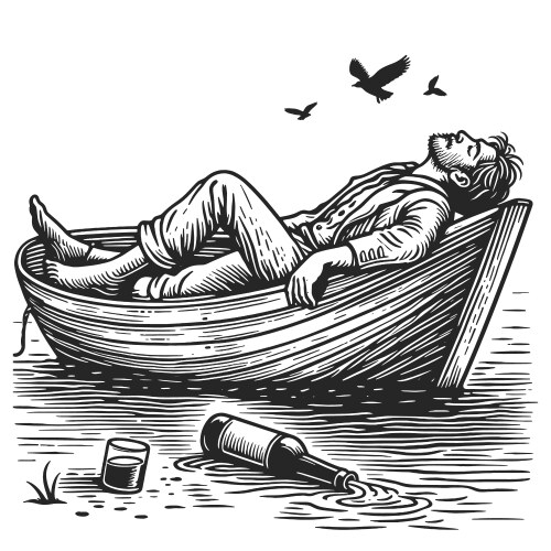 Man relaxing in boat with bottle engraving Vector Image