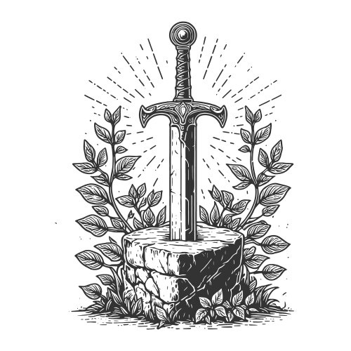 Sword in stone medieval engraving sketch Vector Image