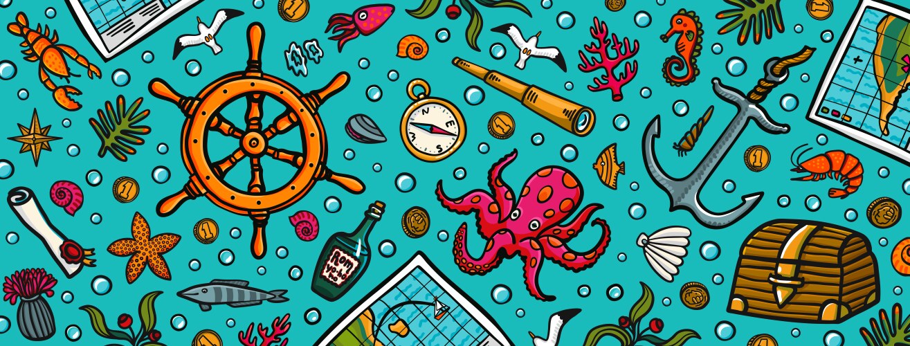 Sea adventures card marine hand drawn Royalty Free Vector