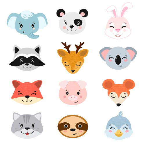 Cute animal heads collection flat style Royalty Free Vector