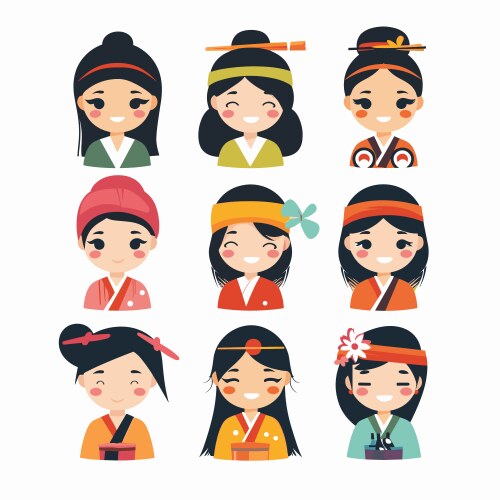 Set six diverse asian female characters Royalty Free Vector
