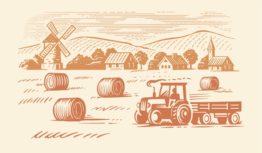 Agriculture landscape with tractor cultivating Vector Image