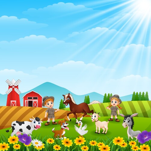 Farm background with happy animals Royalty Free Vector Image