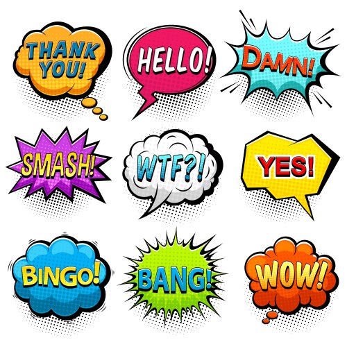 Comic words cartoon speech bubble with zap pow Vector Image
