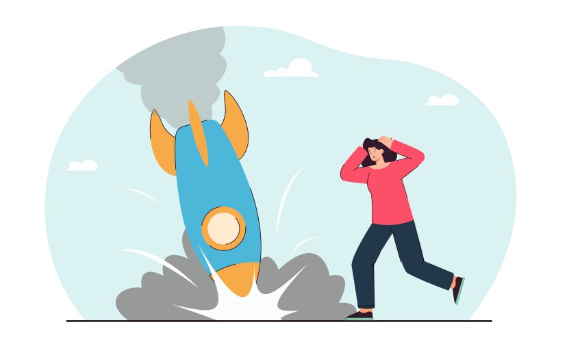 Cartoon rocket taking off and crash graphic Vector Image