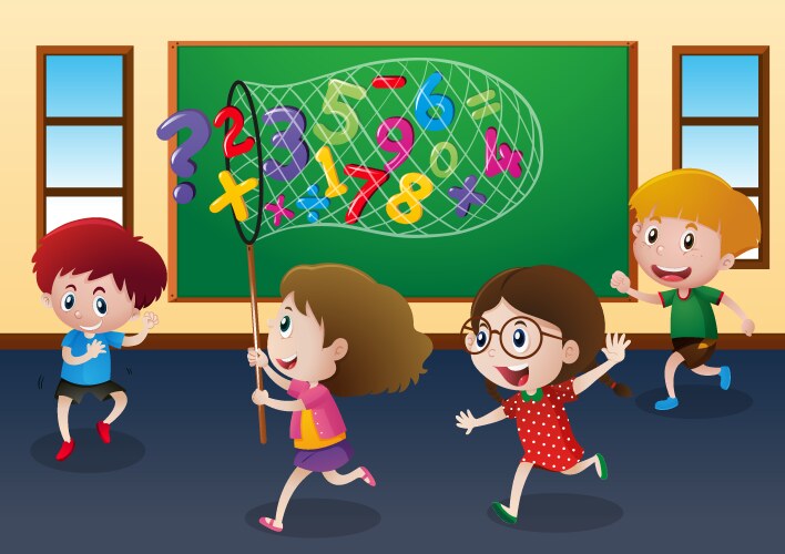 Girl catching numbers with net Royalty Free Vector Image