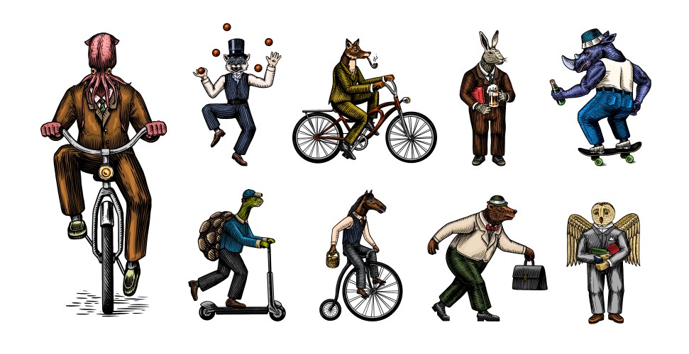 Fox on a bicycle cat juggler turtle scooter Vector Image