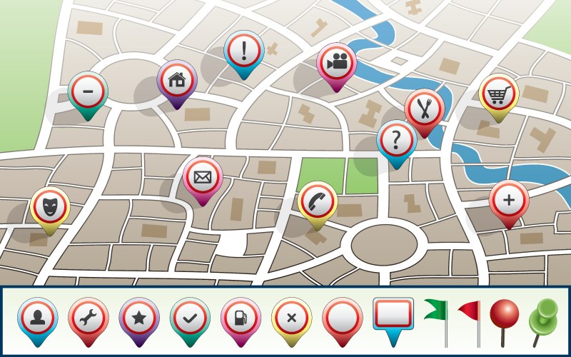 Map with places icons Royalty Free Vector Image