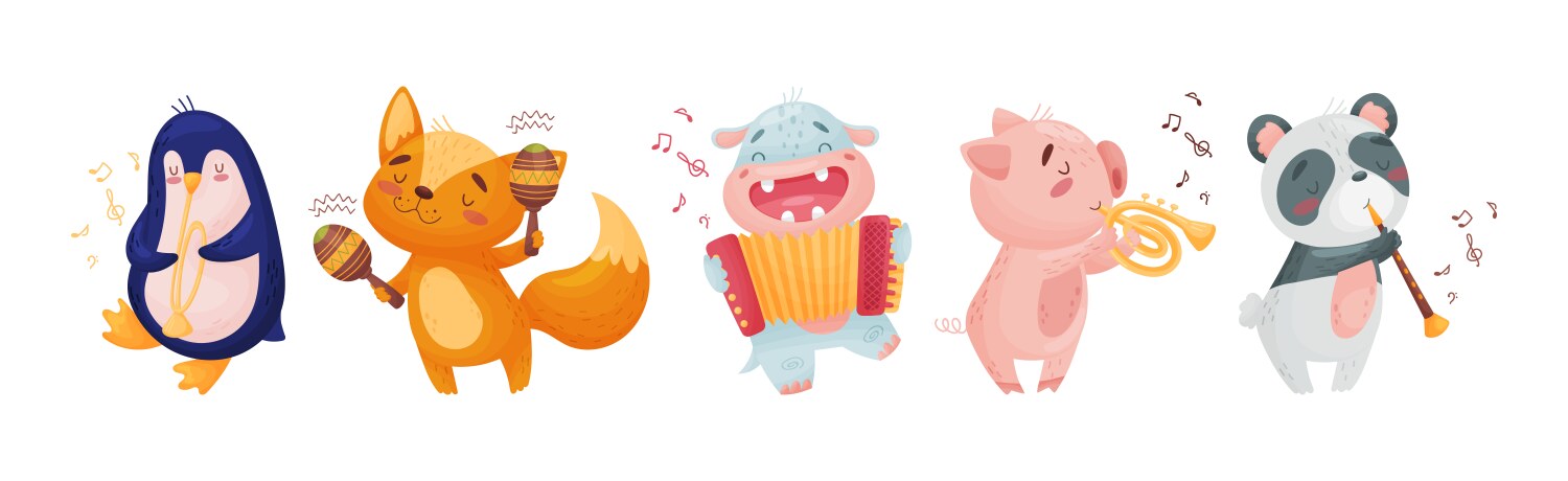 Cute animals playing musical instrument performing