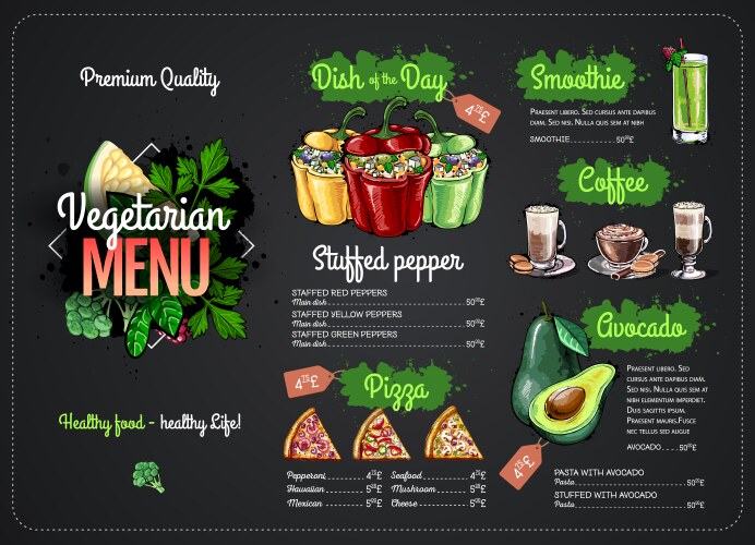 Vegetarian menu design with vegan meals Royalty Free Vector
