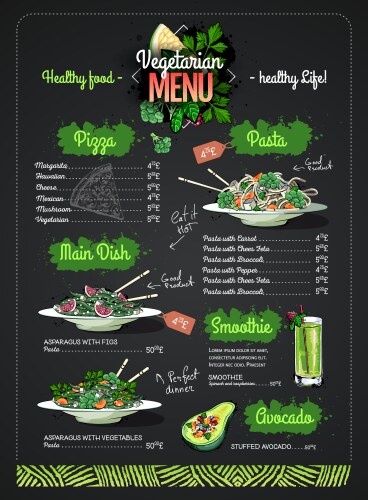 Vegetarian menu design with vegan meals Royalty Free Vector